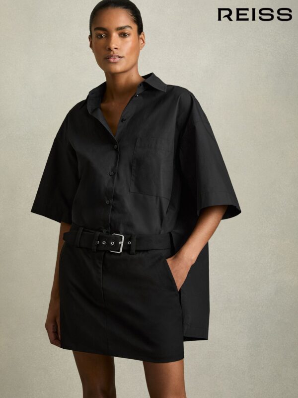 Reiss Black Alice Cotton Woven Belted Shirt Dress - Miss Nelly